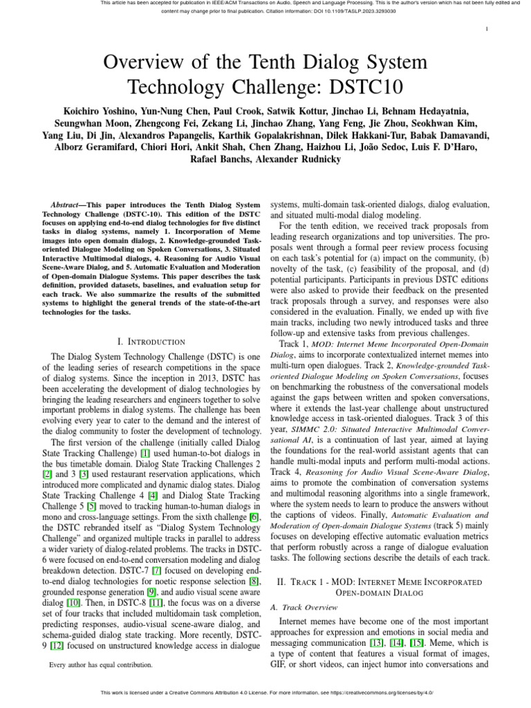 Overview of The Tenth Dialog System Technology Challenge DSTC10 | PDF | Speech Recognition ...