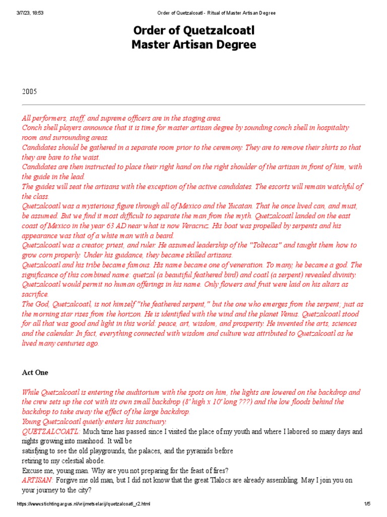 Order of Quetzalcoatl - Ritual of Master Artisan Degree | PDF