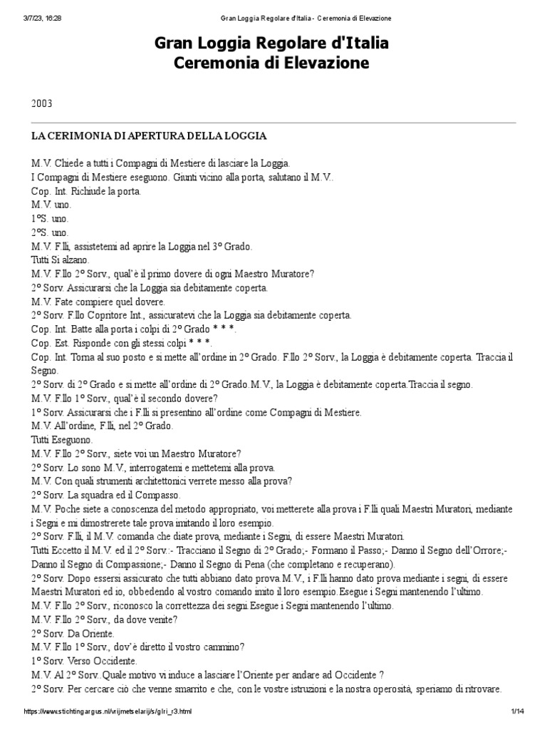 Gran Loggia Regolare D - Italia - Ceremonia Di Elevazione | PDF