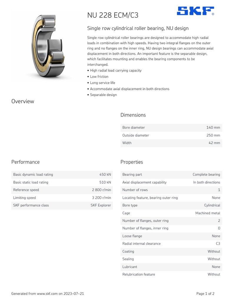 SKF NU 228 ECM - C3 Specification | PDF | License | Bearing (Mechanical)