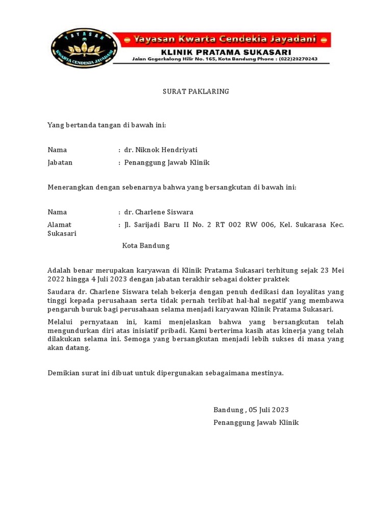 Contoh Surat Paklaring Klinik | PDF | Karier & Perkembangan