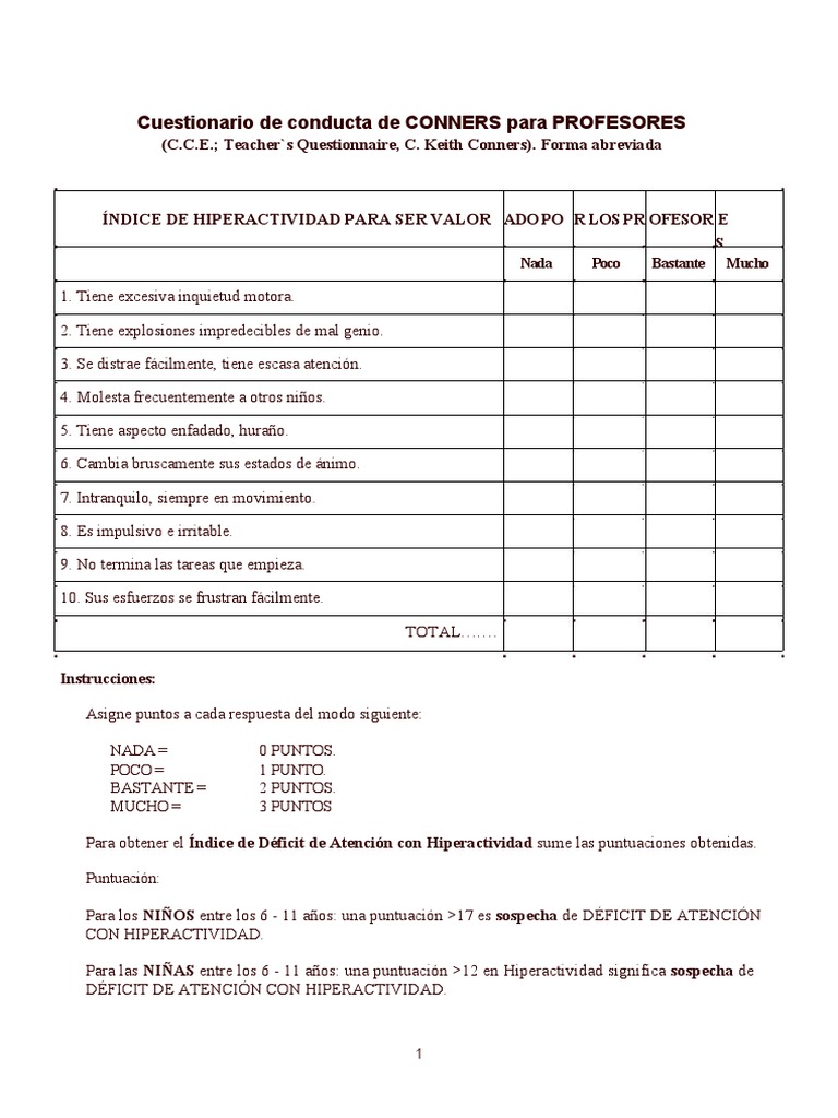 Cuestionario Conners para Evaluar Hiperactividad | PDF | Desorden ...