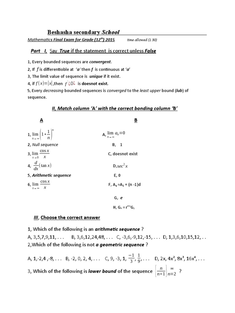 Final Exam G 12 This Year | PDF | Sequence | Elementary Mathematics