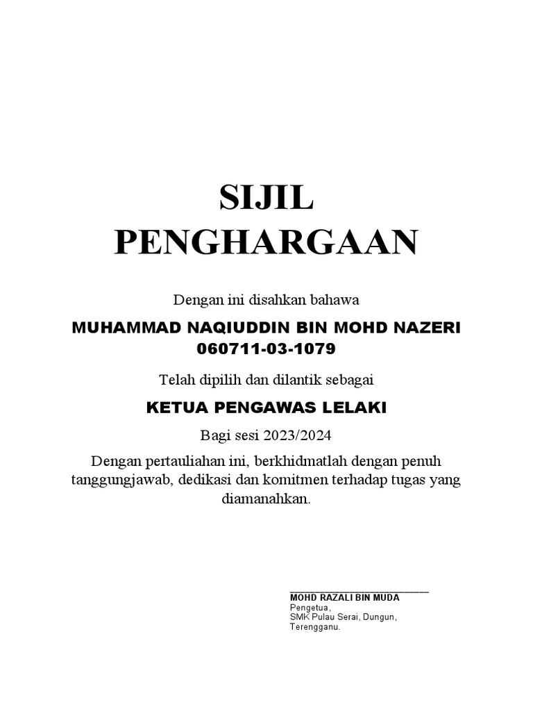 Template Sijil Watikah 2023 2024 | PDF