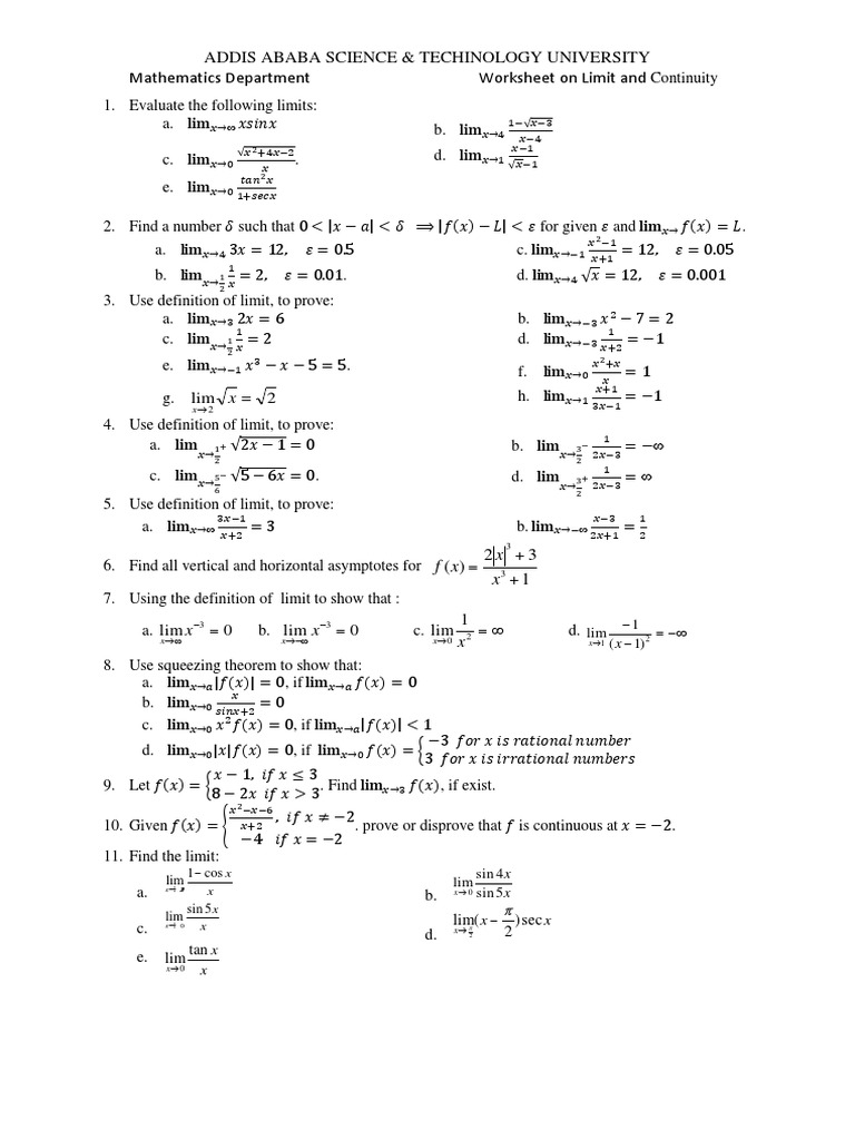 Limit and Continuity Worksheet | PDF