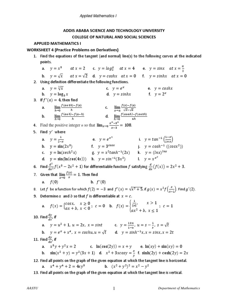 Worksheet 4 Derivatives Pdf
