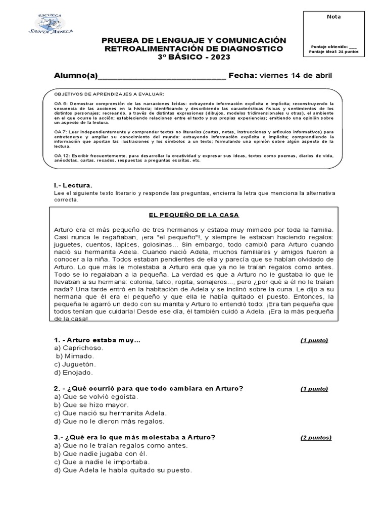Prueba de Lenguaje 3 Año Básico - Marzo - Abril. Retroalimentación Del ...