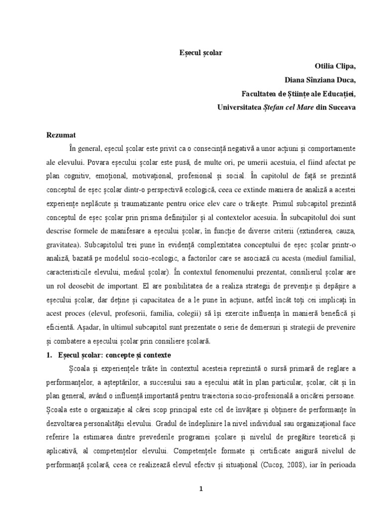 Esecul Scolarș - Notite | PDF