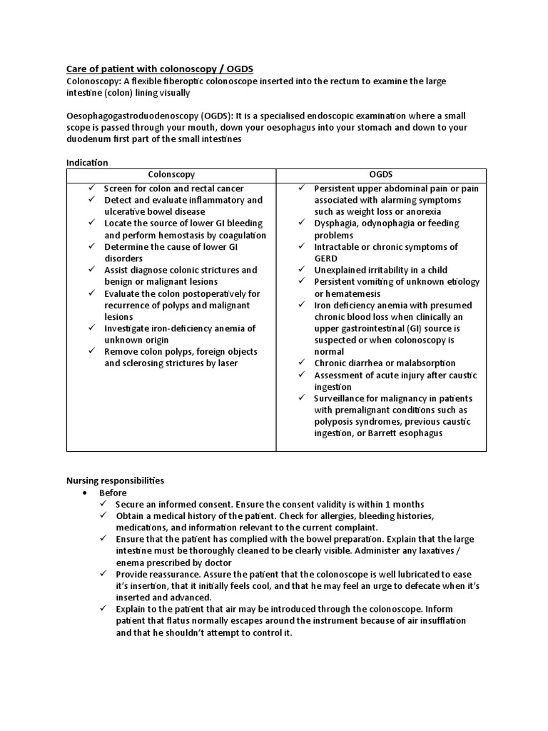 Care of Patient With Colonoscopy & OGDS | PDF