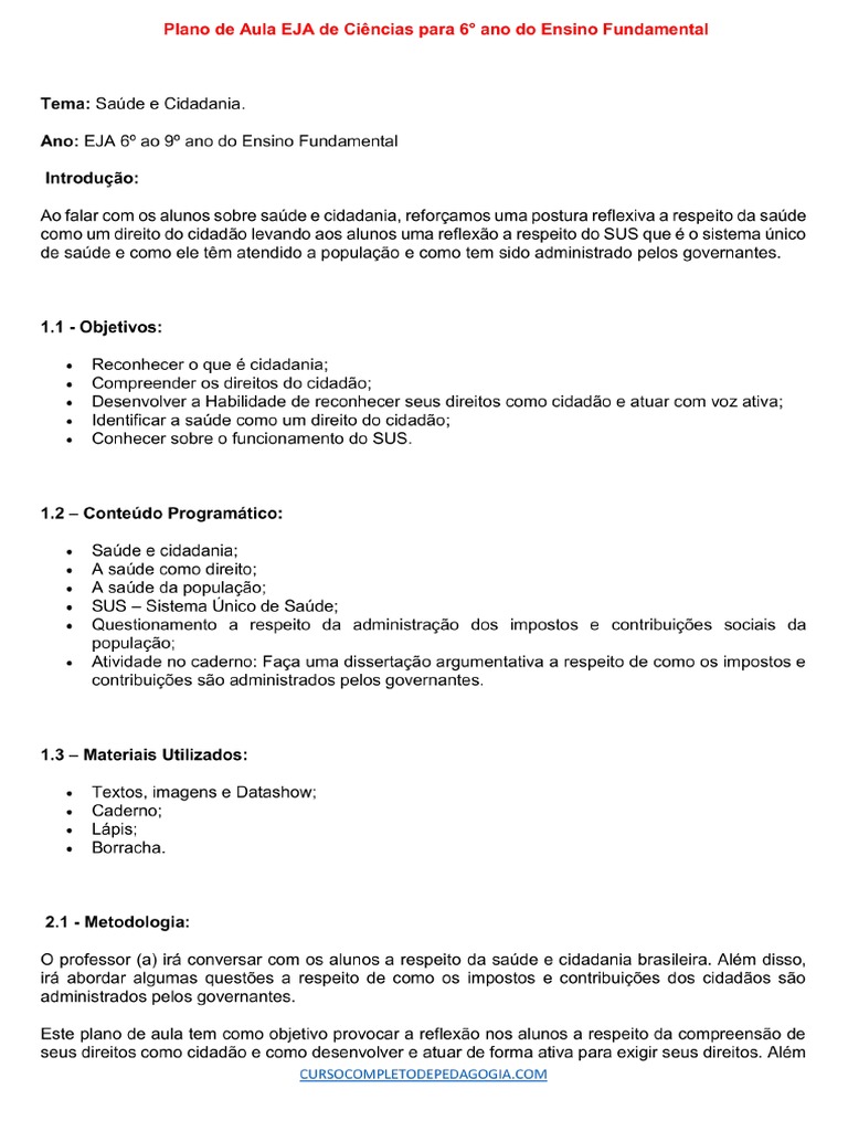 Plano de Aula EJA de Ciencias Do 6° Ao 9o Ano Do Ensino Fundamental | PDF