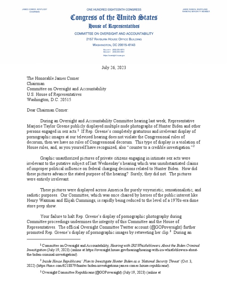 Raskin Letter To Comer | PDF | United States House Of Representatives ...