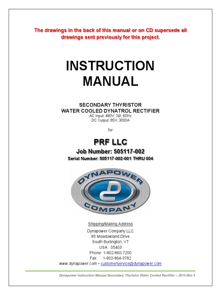 Dynapower Instruction Manual Secondary Thyristor Water Cooled Rectifier ...