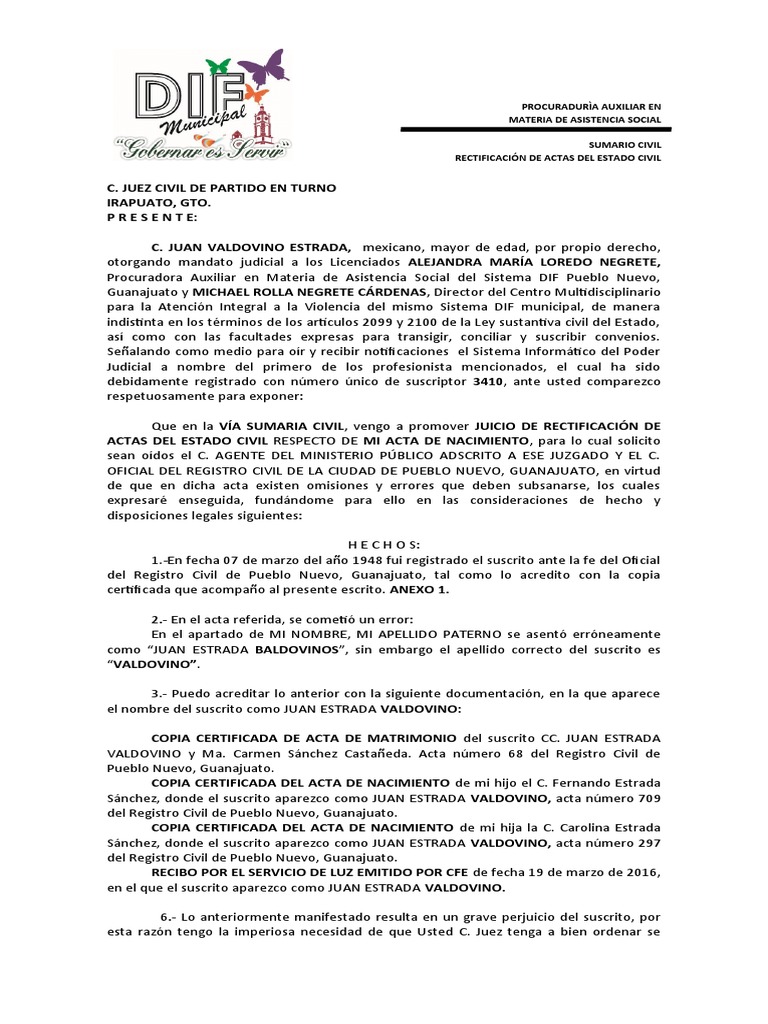 Corrección de Acta | PDF | Certificado de nacimiento | Instituciones sociales