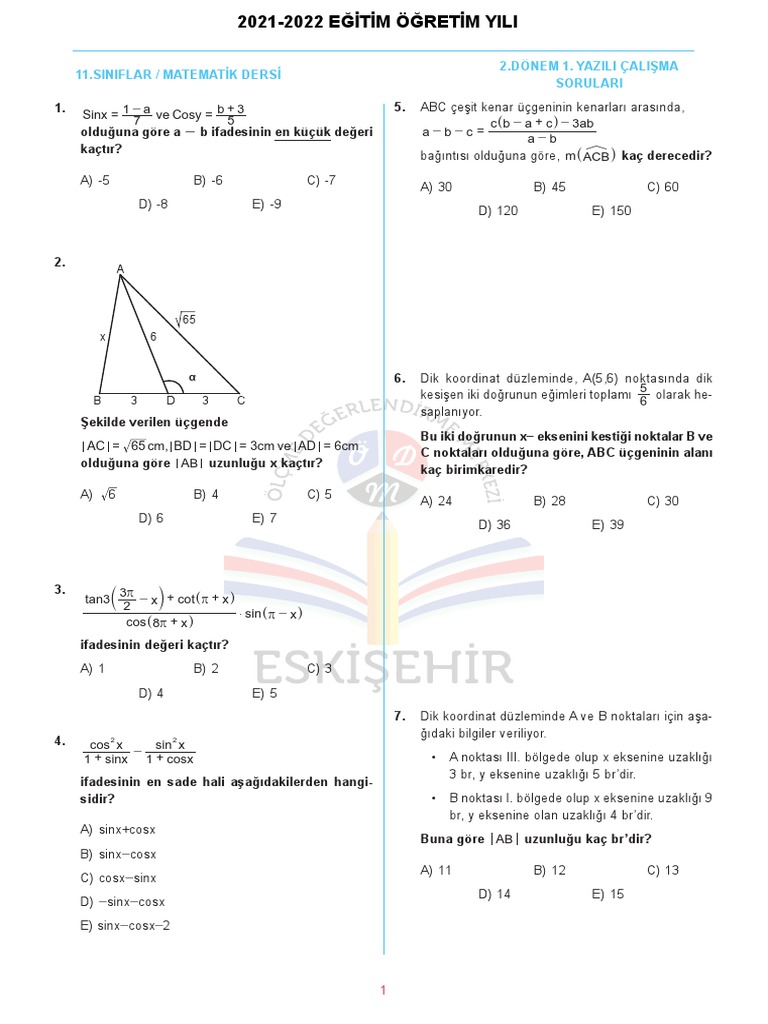 11.Sinif-Matematik-2.Donem-1.Yazili-Calismasi-Ve-Cevaplari-1-1 | PDF
