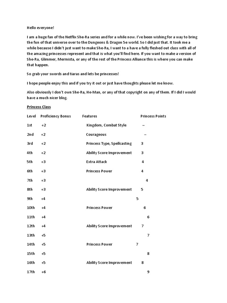 She-RA Princess DnD Class | PDF