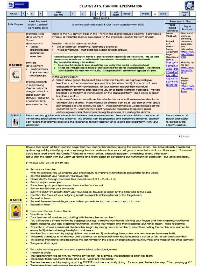 Lesson Plan GR 7 Creative Arts Drama T3 W2 | PDF | Learning | Breathing