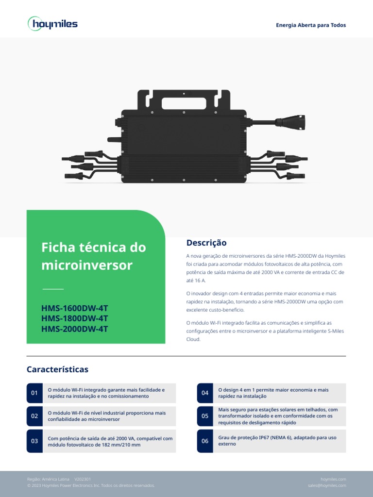Datasheet - Microinversor Hoymiles HMS-2000DW (220V) | PDF