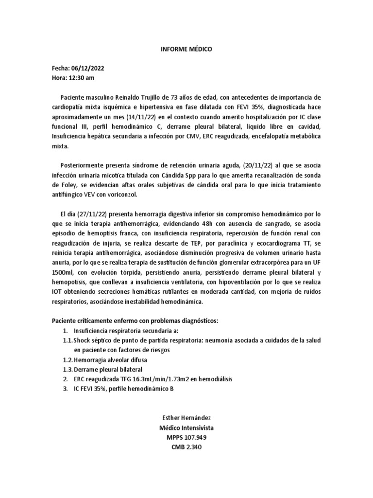 Informe Médico de Ingreso Uci Reinaldio Trujillo | PDF | Especialidades Medicas | Medicina CLINICA