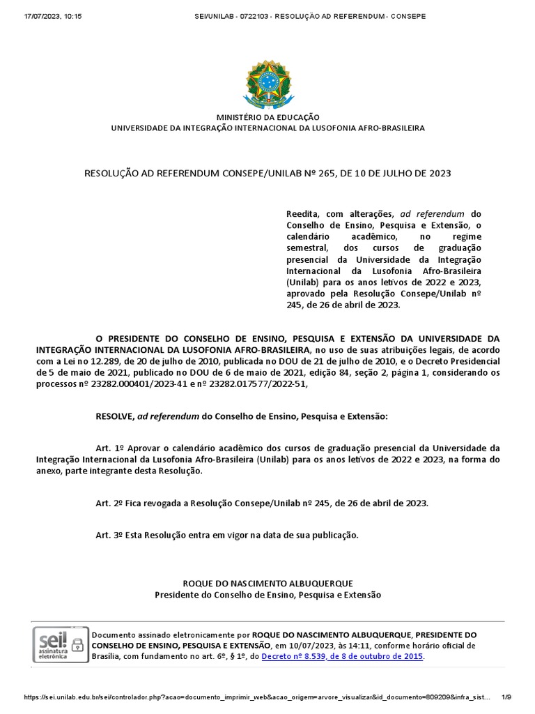 RESOLUCAO AD REFERENDUM CONSEPE - UNILAB No 265 DE 10 DE JULHO DE 2023 ...