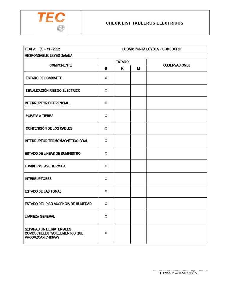 Check List Tableros Eléctricos Comedor 2 09 11 22 Pdf