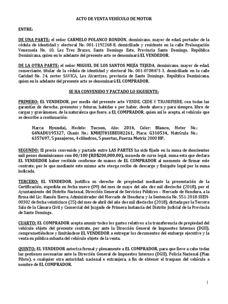 Contrato de Venta Vehiculo Carmelo Polanco y Alejandro Suazo (19-11 ...