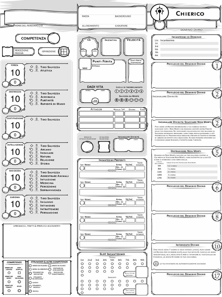 Scheda D&D Chierico 5e Editabile | PDF