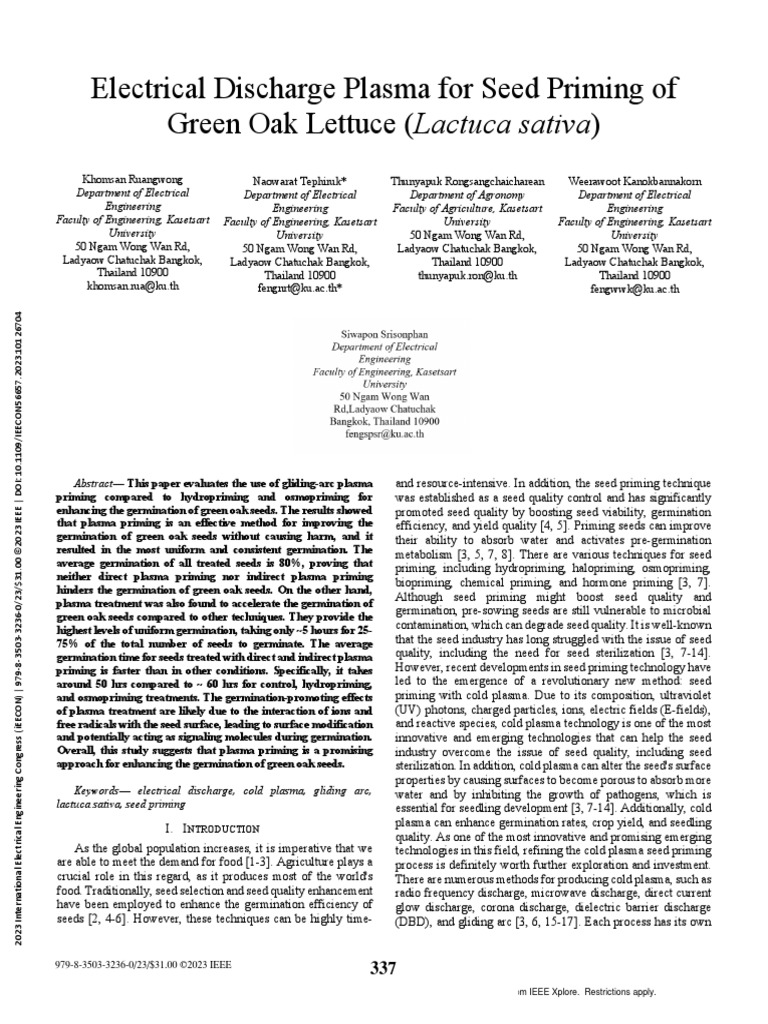 Electrical Discharge Plasma For Seed Priming of Green Oak Lettuce Lactuca Sativa | PDF