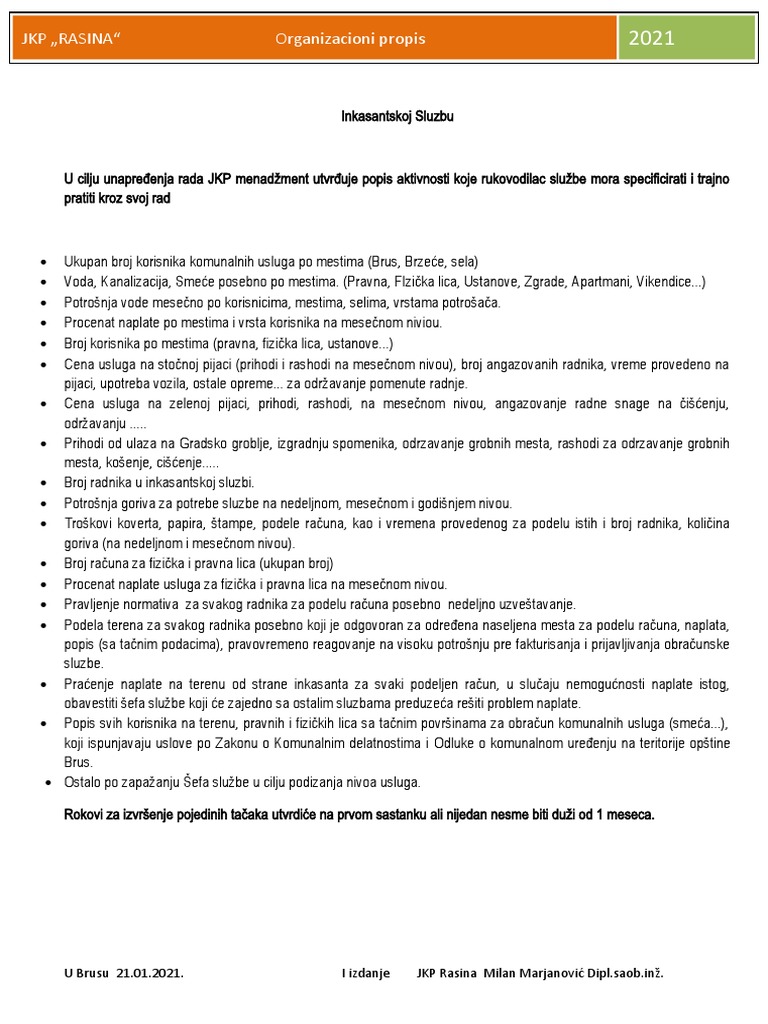 ORGANIZACIONI PROPIS Inkasantska Sluzba | PDF