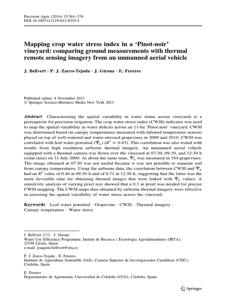 Mapping Crop Water Stress Index in A Pinot-Noir' Vineyard: Comparing Ground Measurements With ...