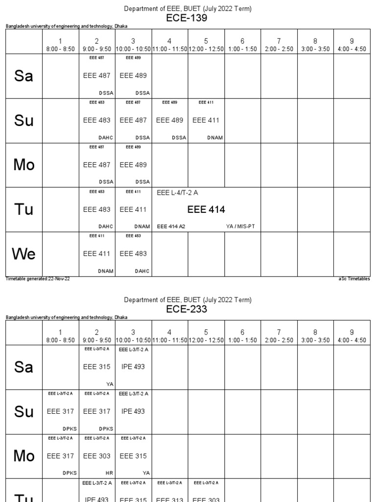 EEE BUET UG Routine July2022 Classroom | PDF