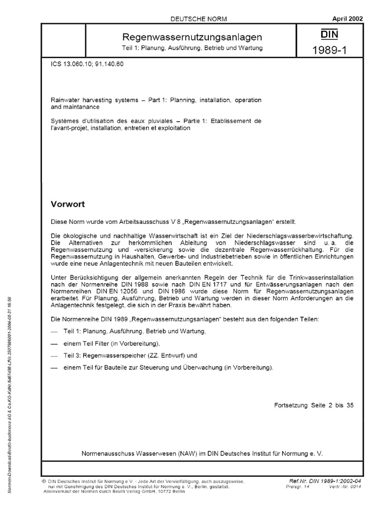 DIN 1989-1:2002-04 Regenwassernutzungsanlagen. Teil 1 - Planung, Ausführung, Betrieb Und Wartung ...