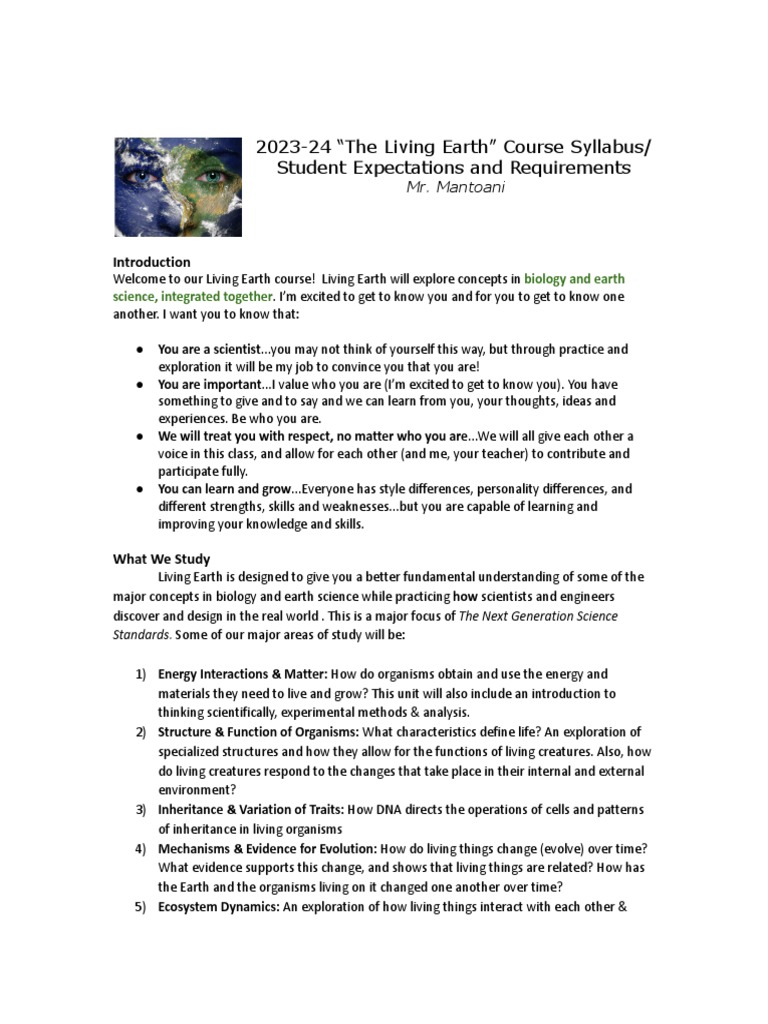 2023-24 Living Earth Course Syllabus Student Expectations and ...