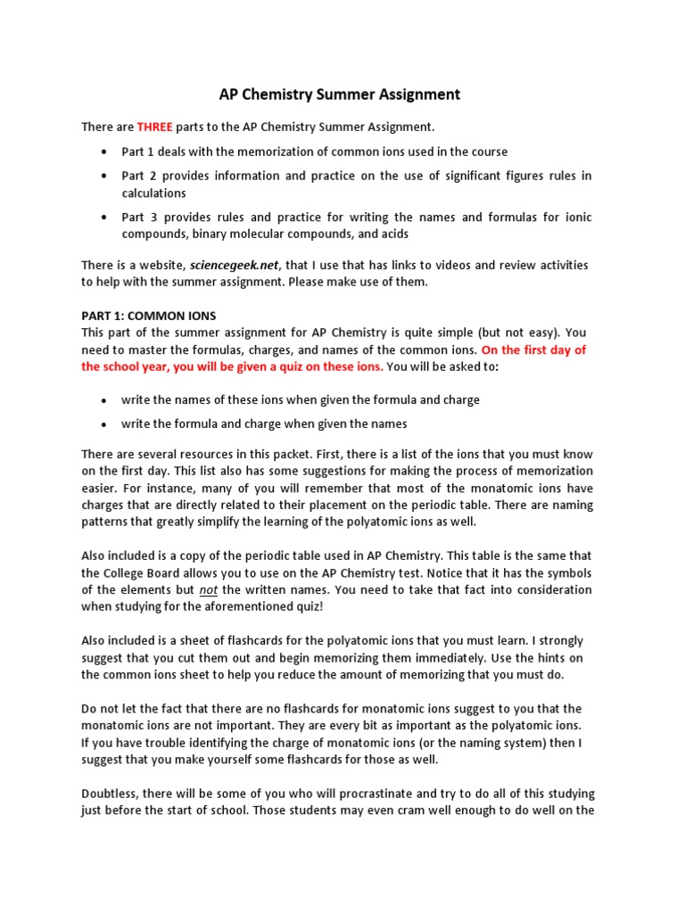 AP Summer Assignment | PDF | Ion | Significant Figures