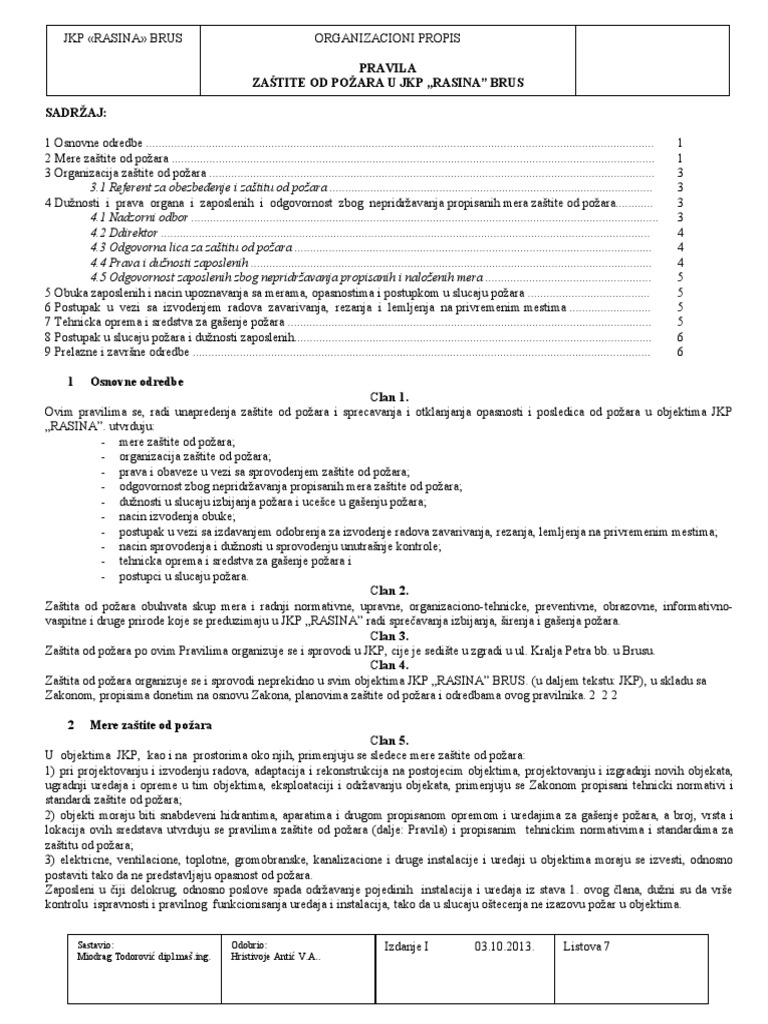 Organizacioni Propis Pravilnik o Zastiti Od Pozara JKP | PDF