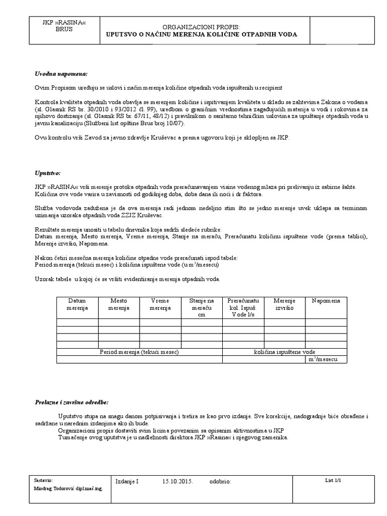 Organizacioni Propis Merenje Otpadnih Voda | PDF