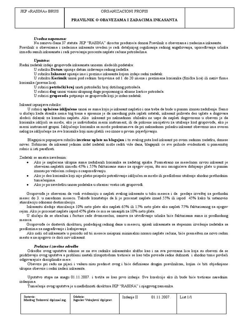 ORGANIZACIONI PROPIS PRAVILNIK Za Stimulaciju Inkasanata | PDF