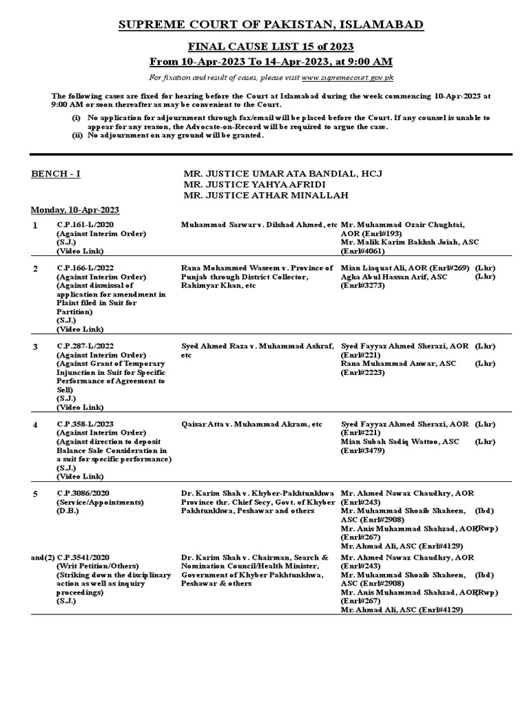 Pakistan Supreme Court Case List | PDF