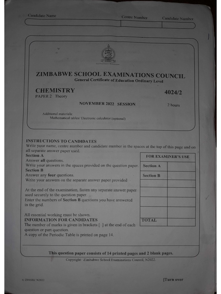 ZIMSEC CHEMISTRY PAPER 2 November 2022 | PDF