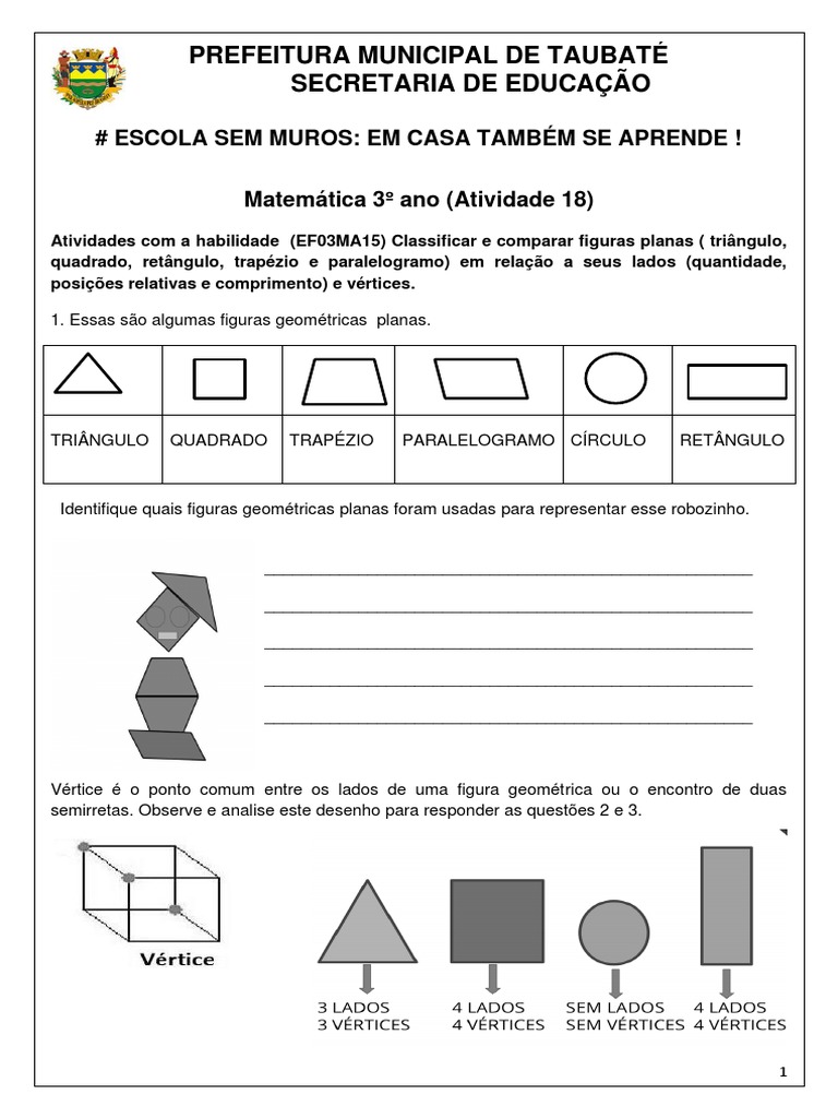 3ano MATEMüTICA Ativ18 Classificar e Comparar Figuras Planas | PDF
