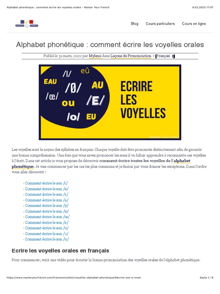 Alphabet Phonétique: Comment Écrire Les Voyelles Orales - Master Your French | PDF