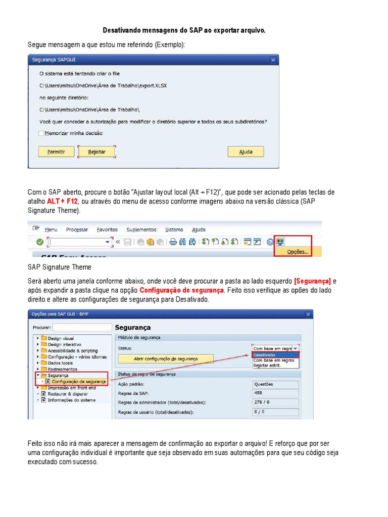 Desativando Mensagens Do SAP Ao Exportar Arquivo | PDF