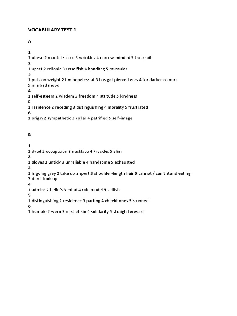 Vocabulary Tests Answer Key | PDF