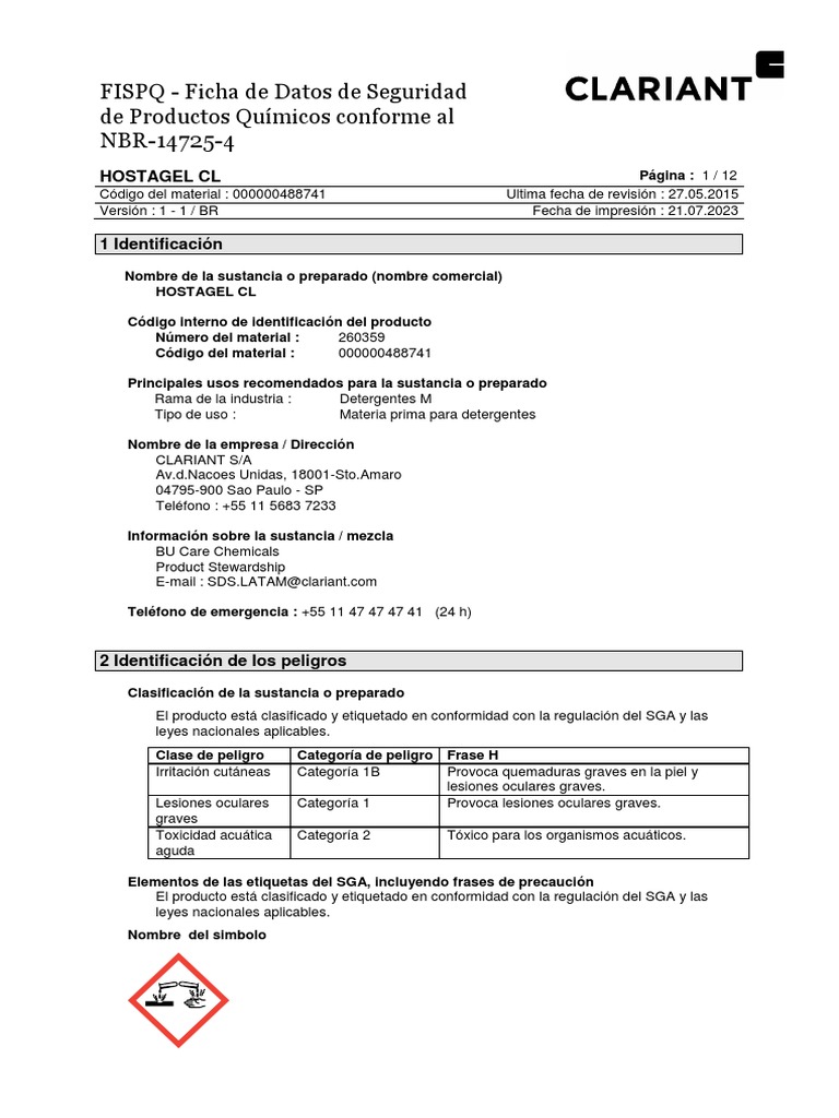 Clariant SDS HOSTAGEL CL Brazil Spanish | PDF