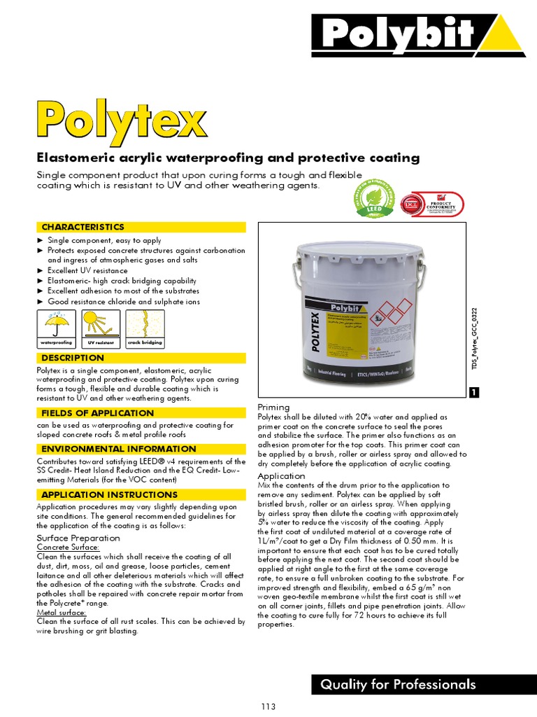Polybit Waterproofing Polytex Tds Leed 3 | PDF | Coating | Concrete
