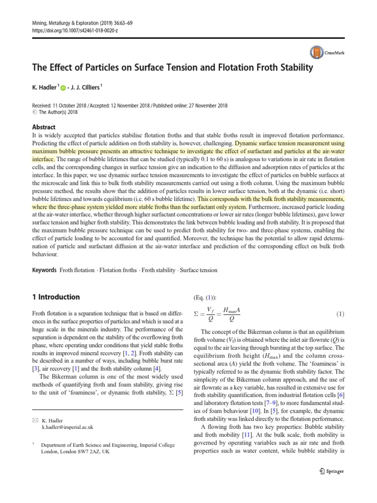The Effect of Particles On Surface Tension and Flotation Froth ...