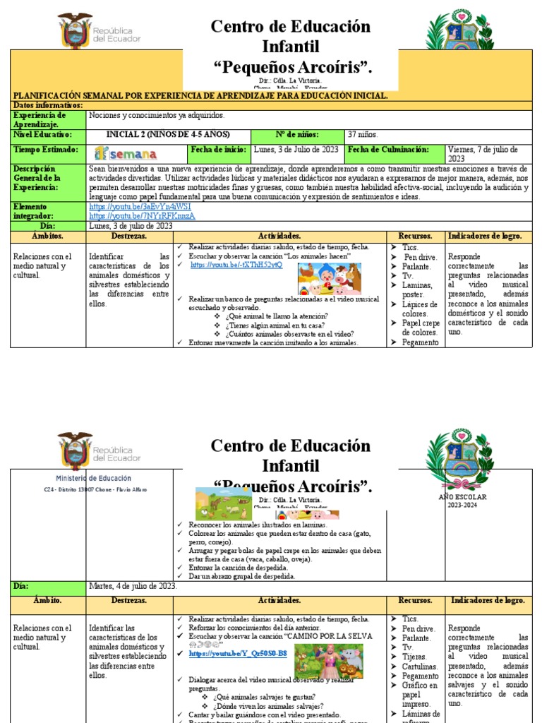 Planificación Semanal Inicial 2: Animales | PDF | Aprendizaje ...