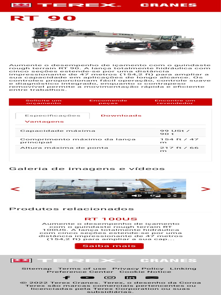 Guindaste Rough Terrain RT 90 Terex Cranes | PDF