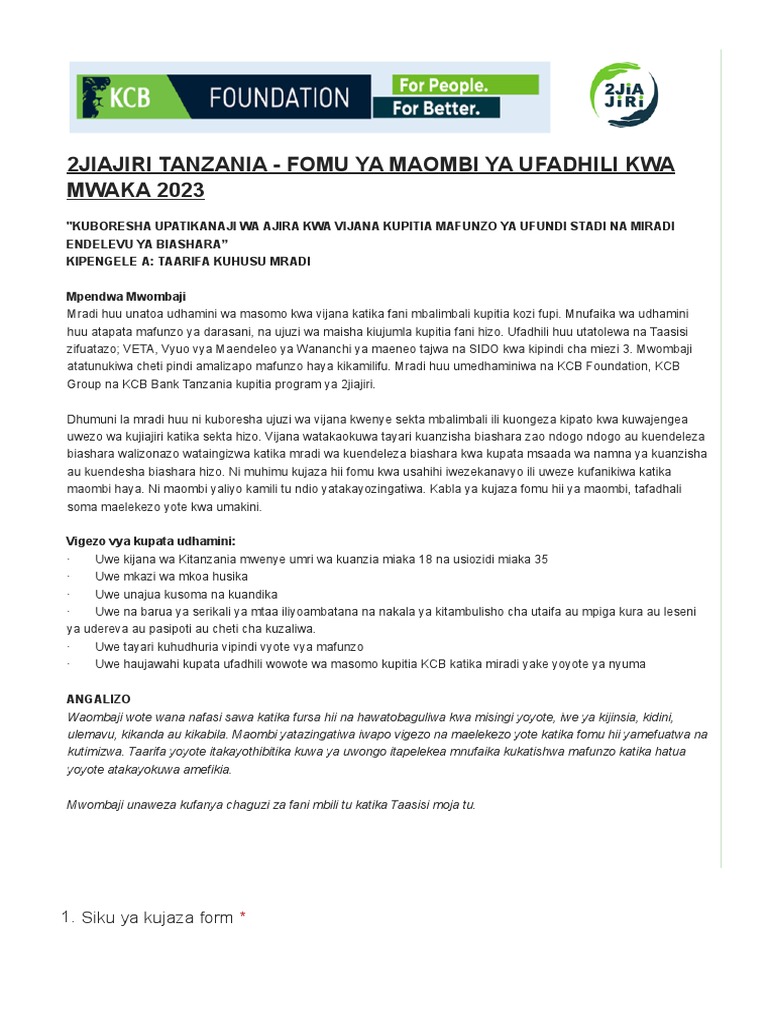 2jiajiri Tanzania - Fomu Ya Maombi Ya Ufadhili Kwa Mwaka 2023 | PDF
