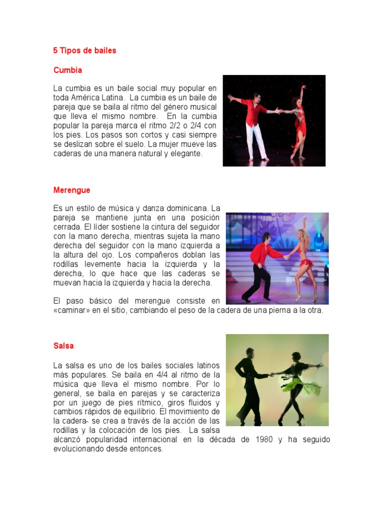 Tipos de bailes: Cumbia, Merengue y más | PDF