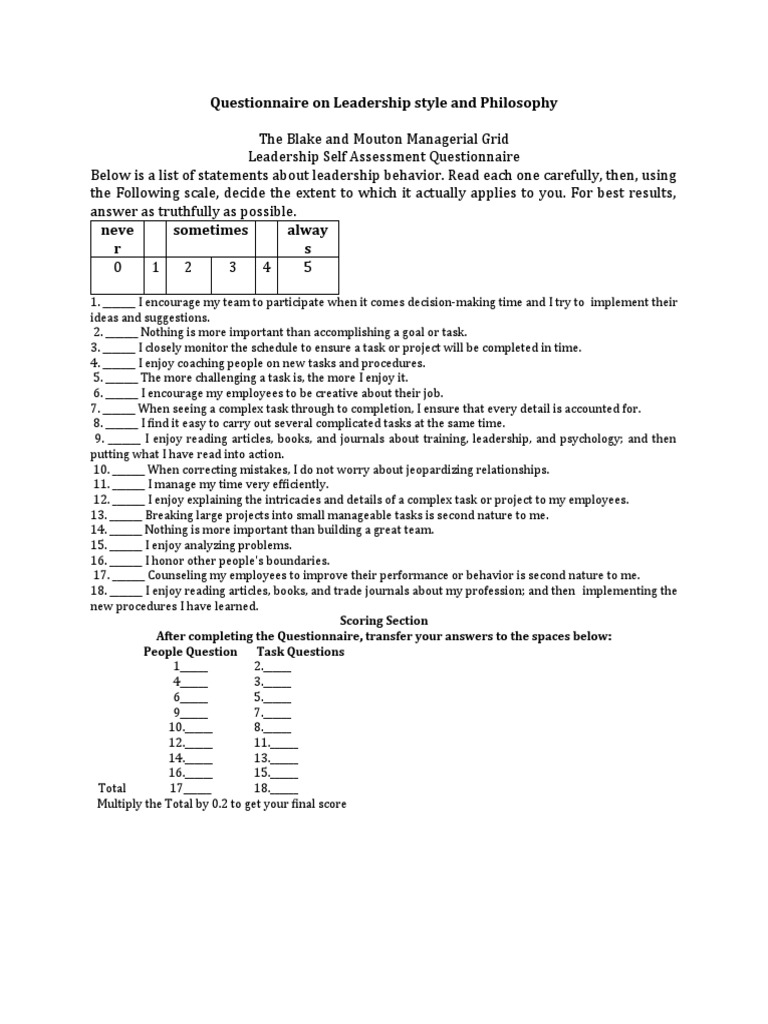 Questionnaire On Leadership Style and Philosophy | PDF